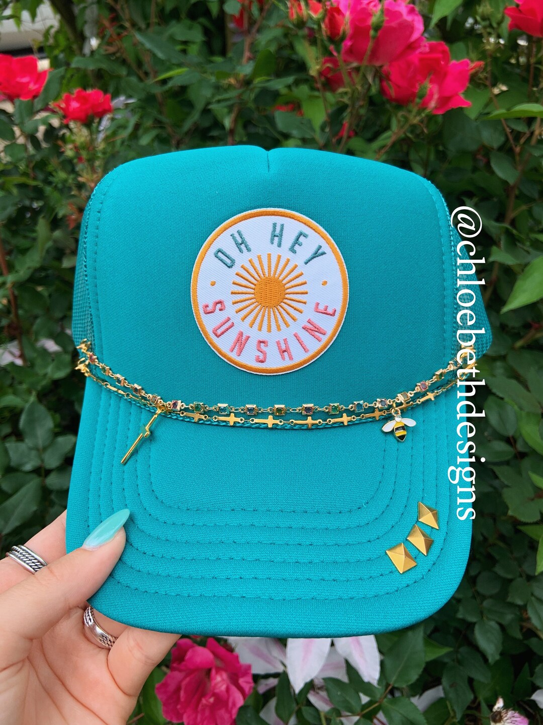Hey Sunshine Teal Women's Bling Trucker Hat- Hat Chains, Cross & Bee ...