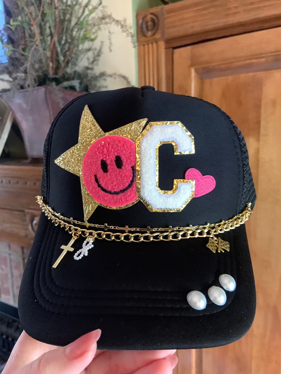 Black Trucker Hat With Hearts and Smiley Face Cross Charm, Bow Charm ...