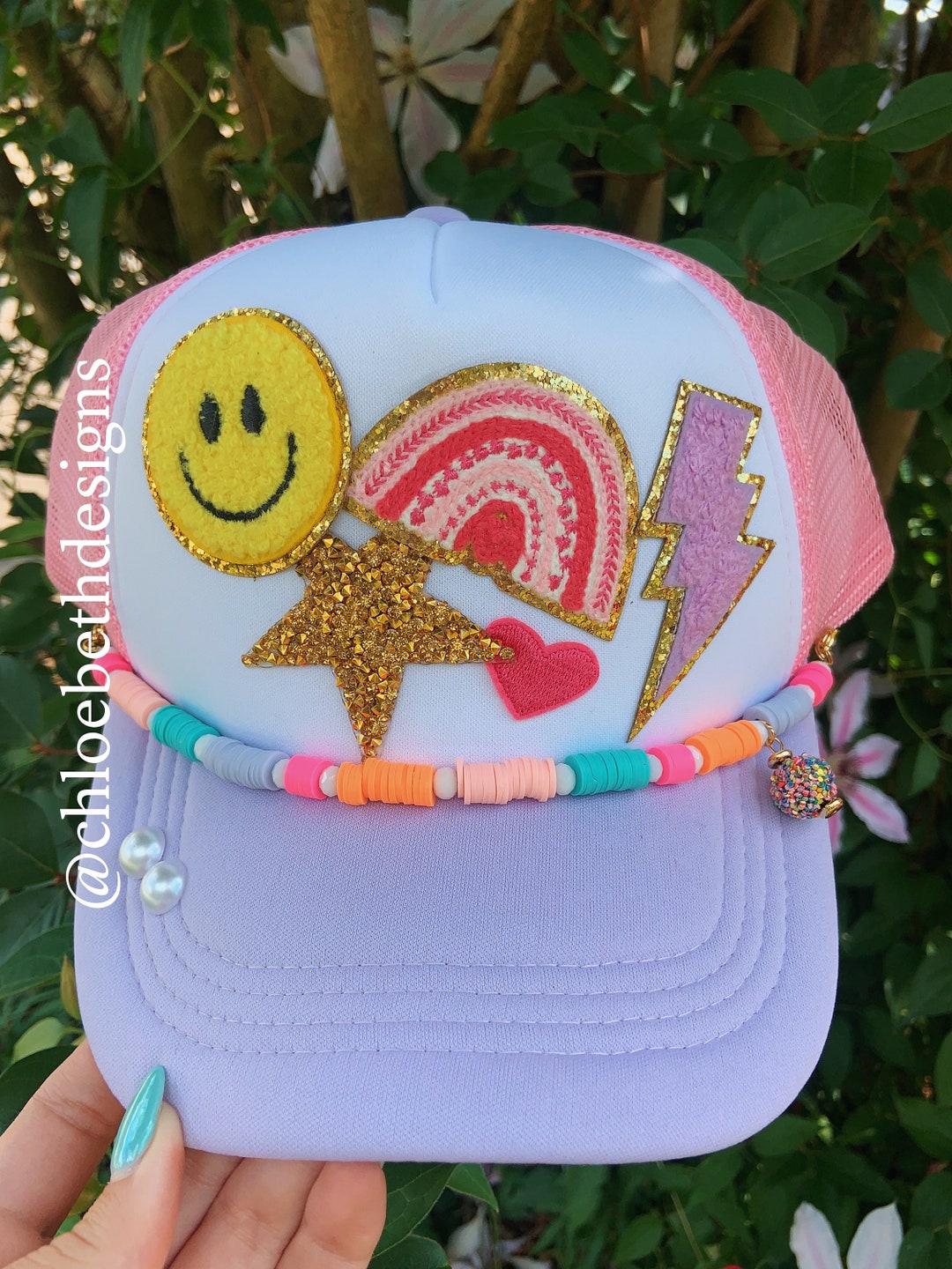 Summer Rainbow Women's Bling Pink and Purple Trucker Hat- Star Heart ...