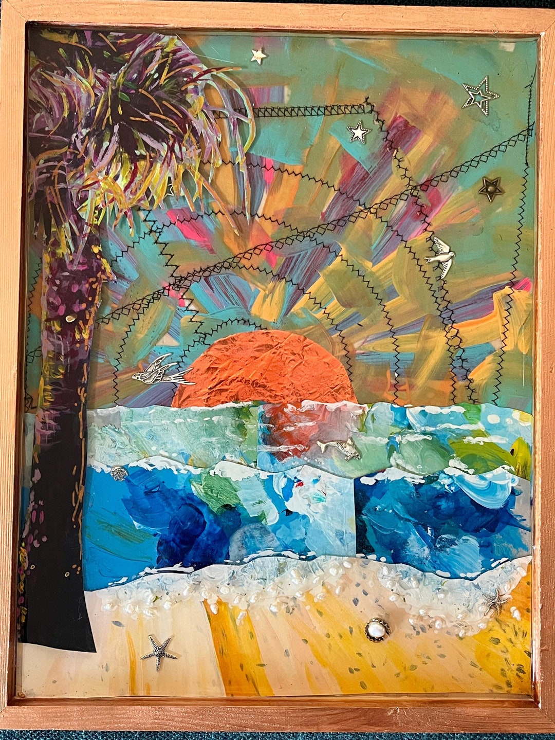 Sea Pearl, Unique, Handmade, Resin, Collage, Seascape, Ocean and Palm ...