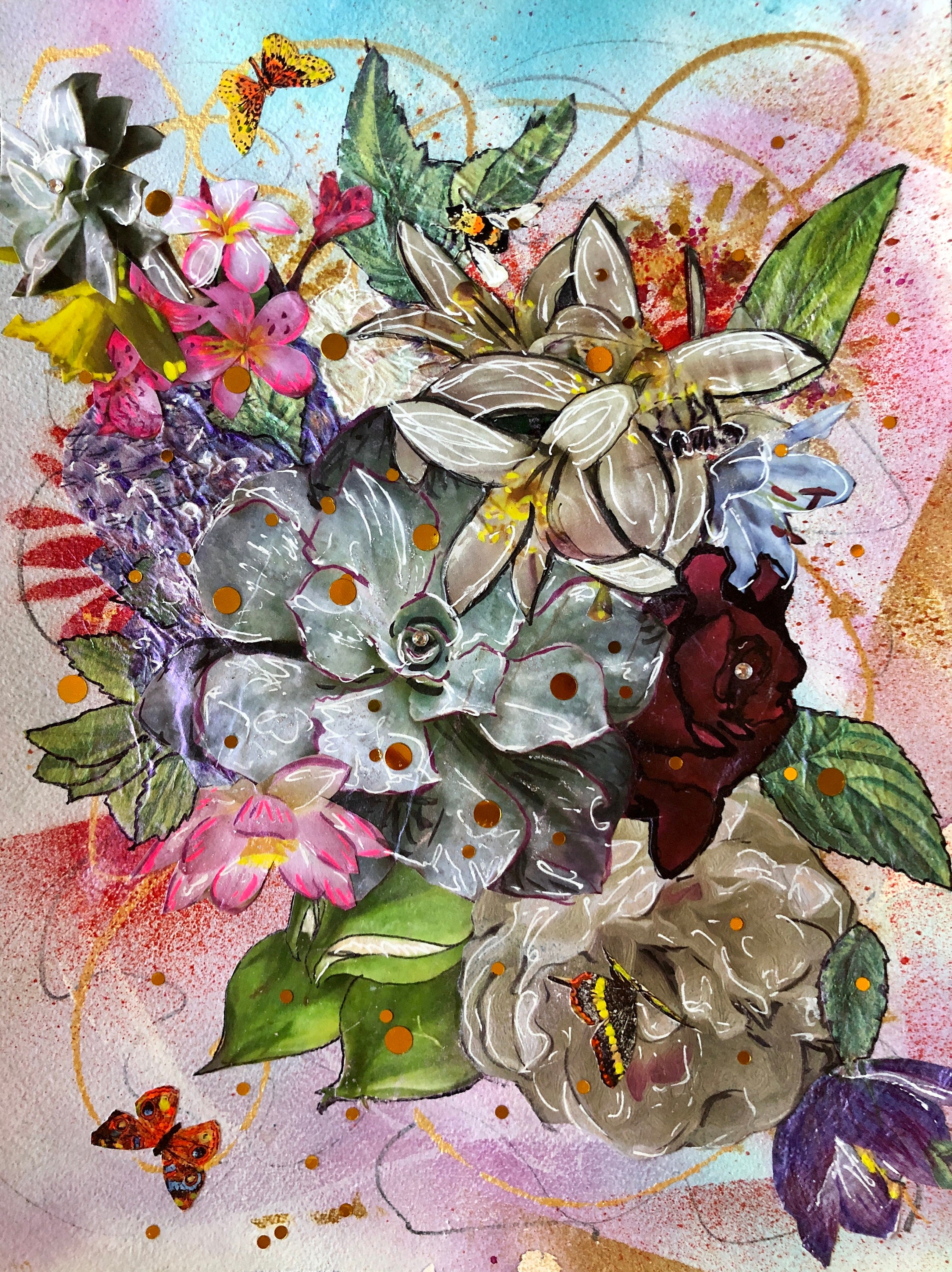 Floral Collage, Mixed Media, Embellished Decor, Garden Flowers, Artist ...