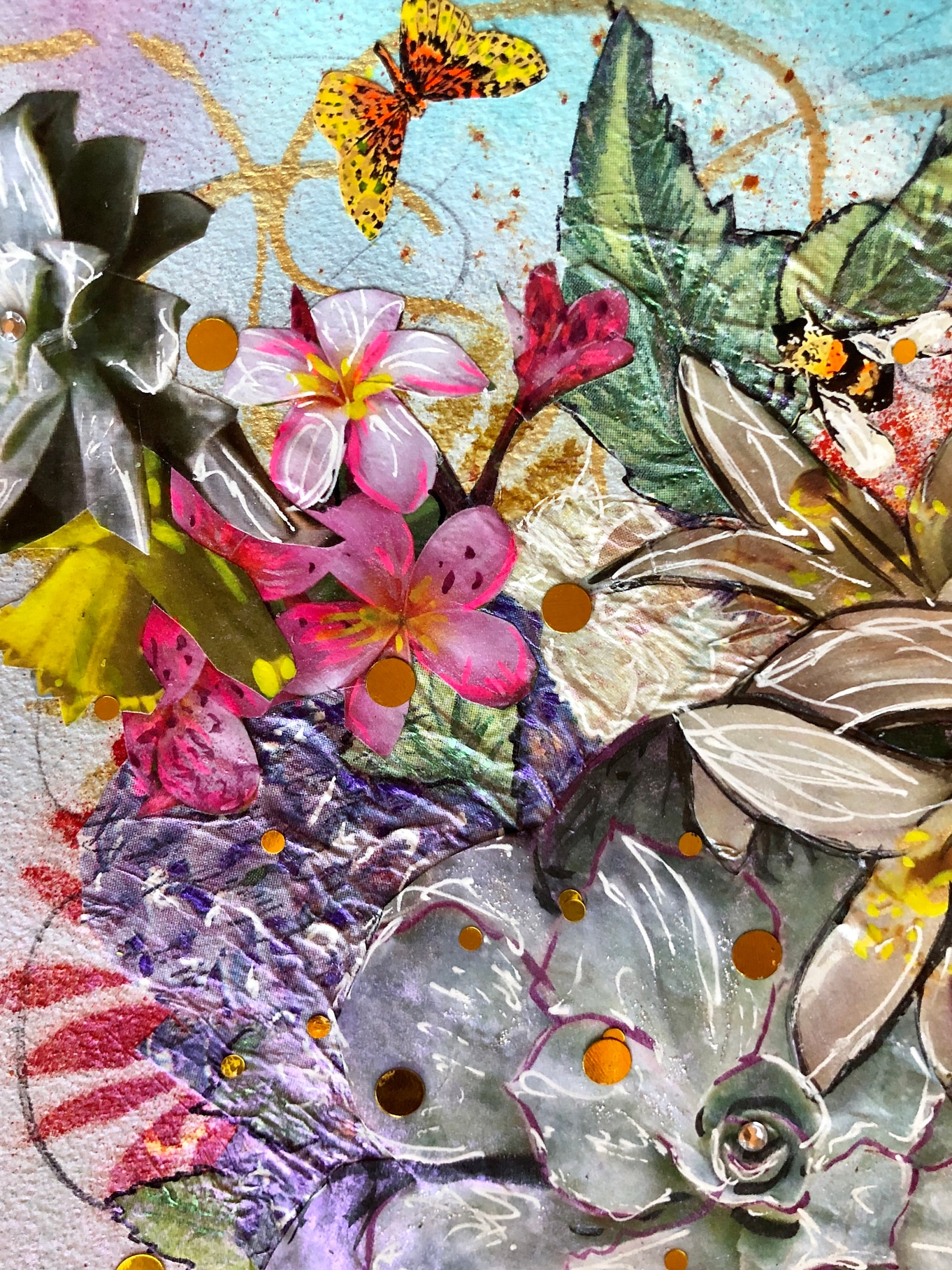 Floral Collage, Mixed Media, Embellished Decor, Garden Flowers, Artist ...