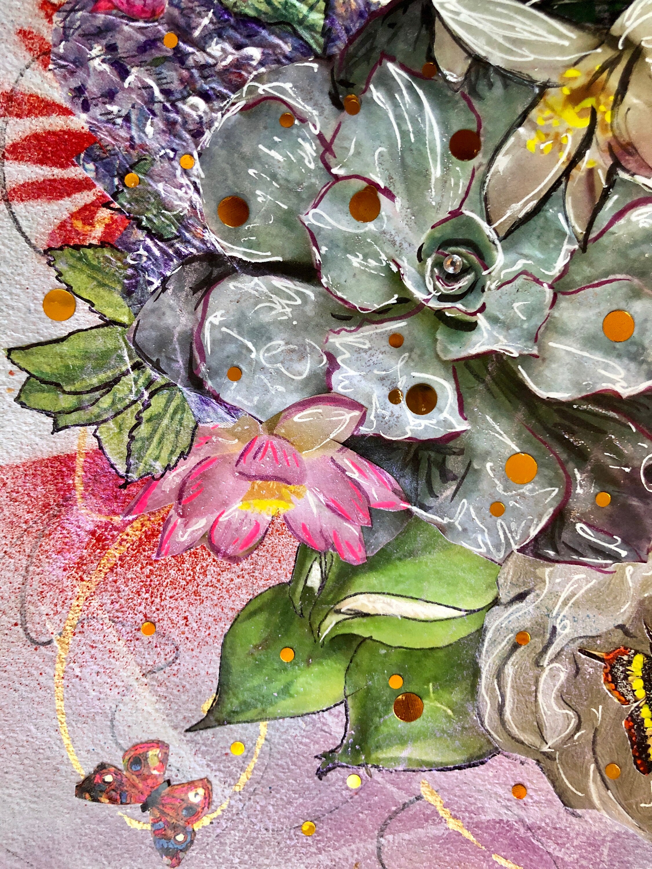 Floral Collage, Mixed Media, Embellished Decor, Garden Flowers, Artist ...