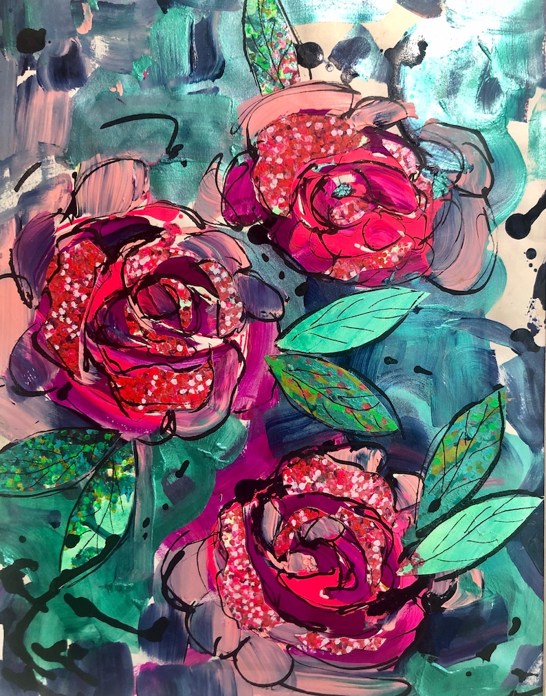 Floral Rose Painting, Mixed Media Artwork, Floral Decor, Garden Flowers ...