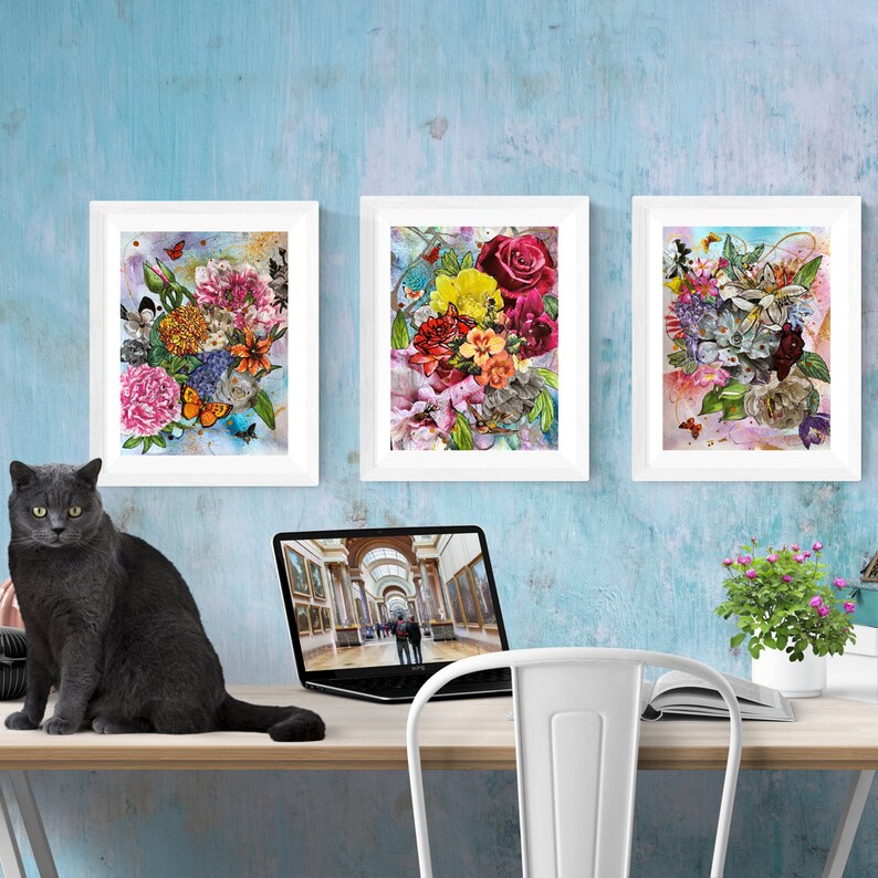 Floral Collage, Mixed Media, Embellished Decor, Garden Flowers, Artist ...