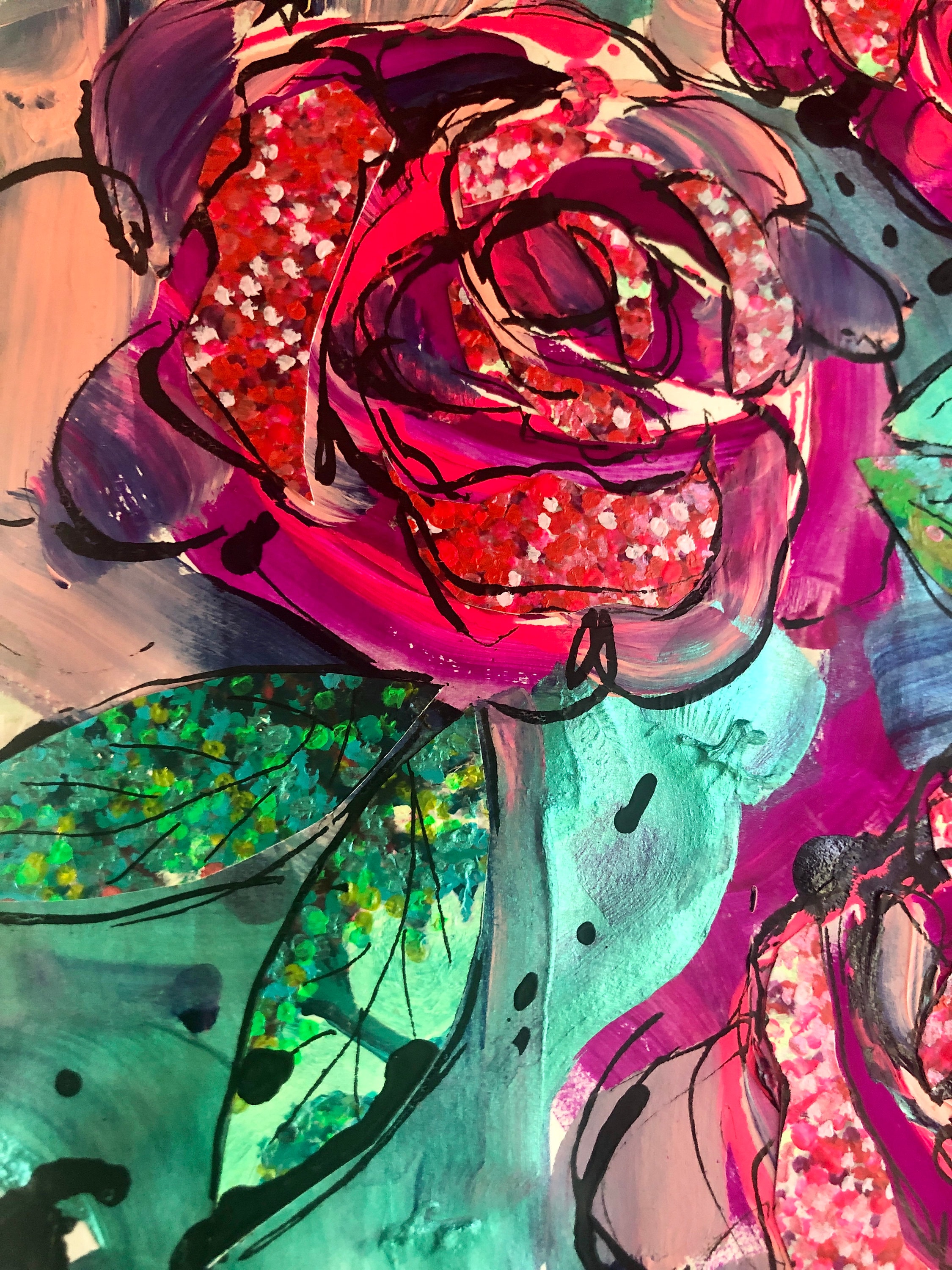 Floral Rose Painting, Mixed Media Artwork, Floral Decor, Garden Flowers ...