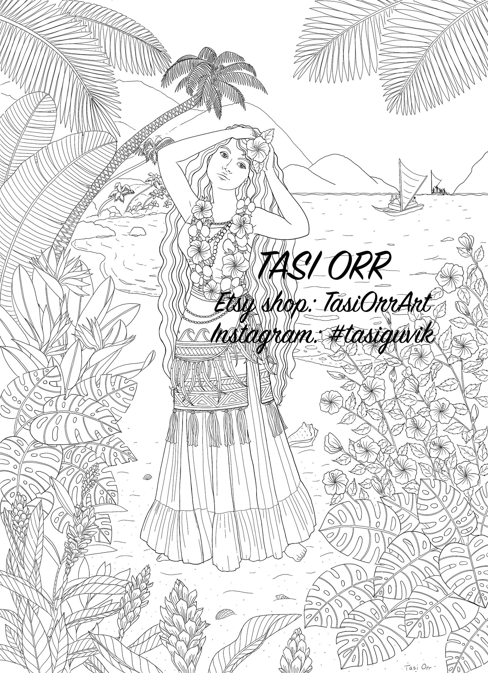 Polynesian Princess // Coloring Page // Digital Print for Instant ...
