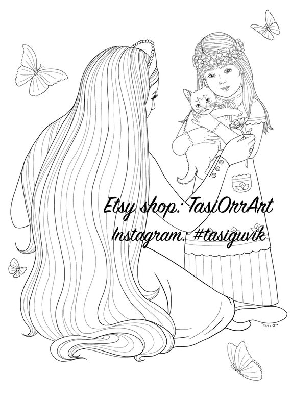 Coloring Page // Digital Print Instant Download // Girl with | Etsy