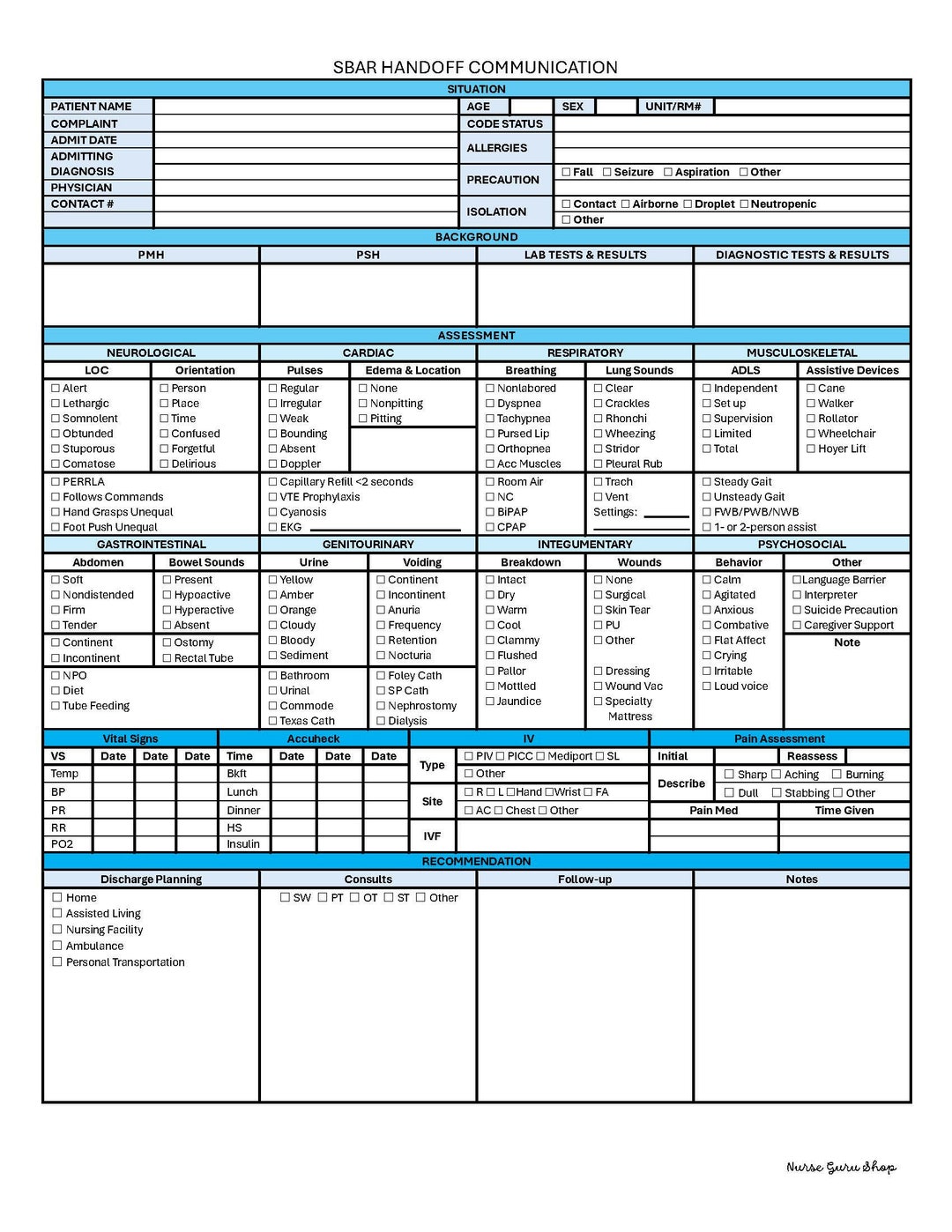 SBAR Nursing Handoff Printable Template - Etsy