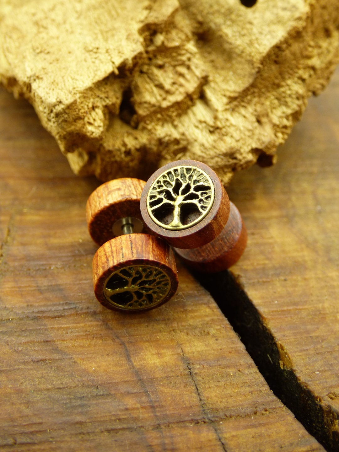 Fake Plugs Pair of Wooden "tree of Life" Earrings Without Hole Studs ...