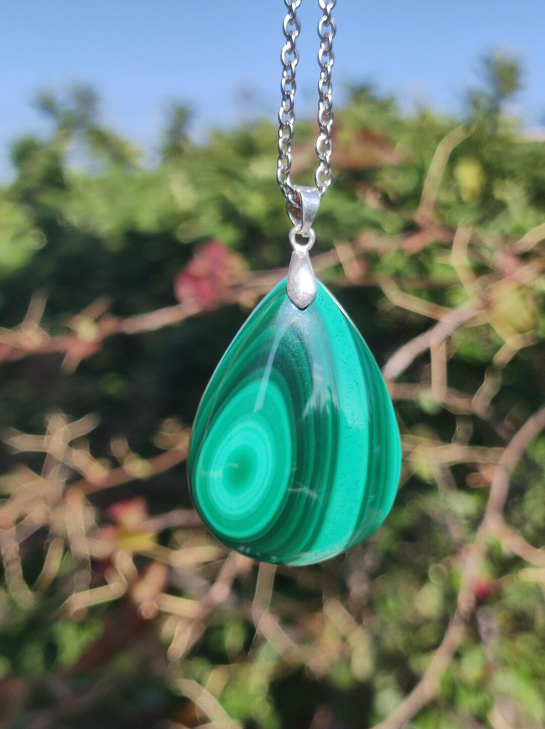 Malachite Gemstone Necklace 925 Sterling Silver Eyelet Blue HIPPIE GOA ...