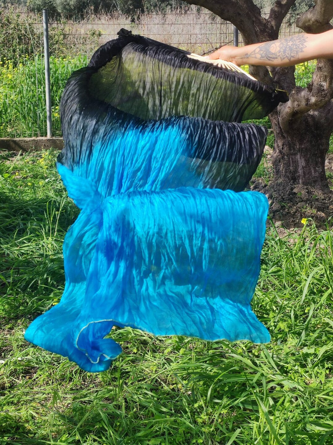 Silk Fan ~ Black Turquoise Blue Fan Silk Dance Costume Performance ...