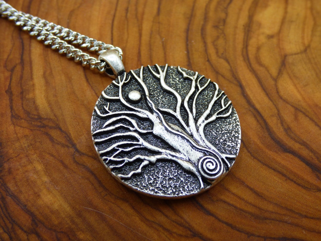 Tree Spiral Moon Pendant Amulet Necklace Antique Silver Tibet HIPPIE ...