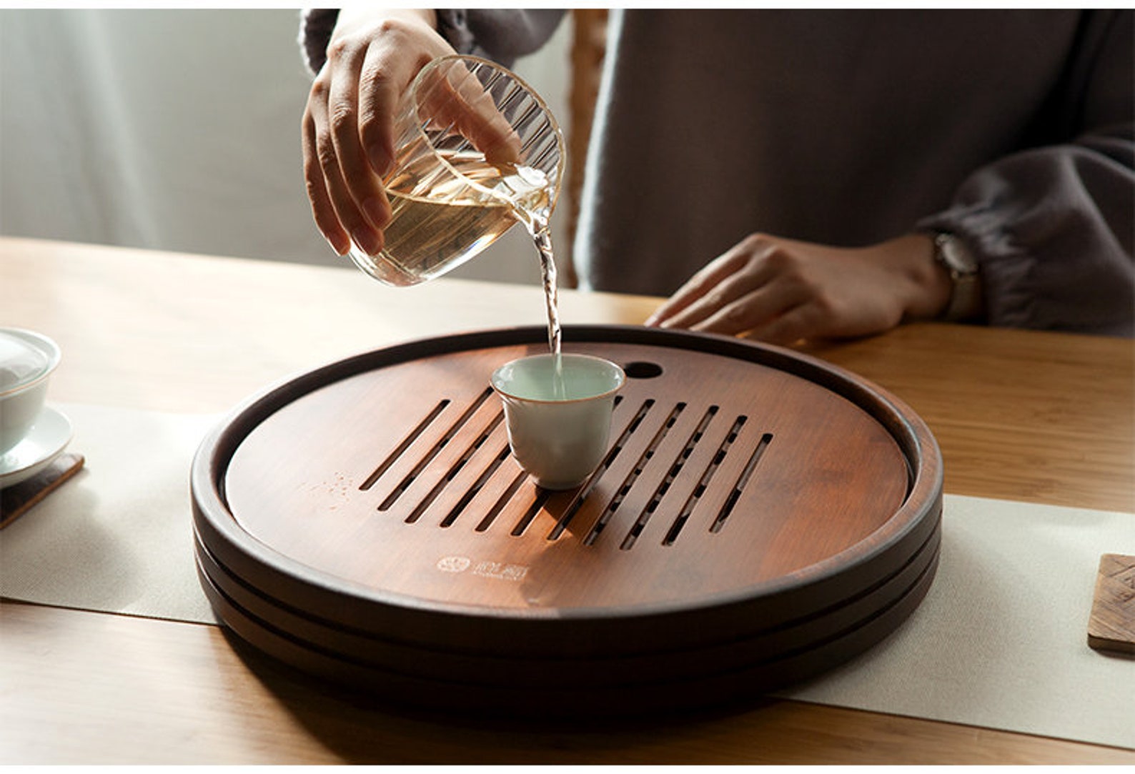 Bamboo Round Tea Tray / Saucer / Board with Water Tank 2 | Etsy