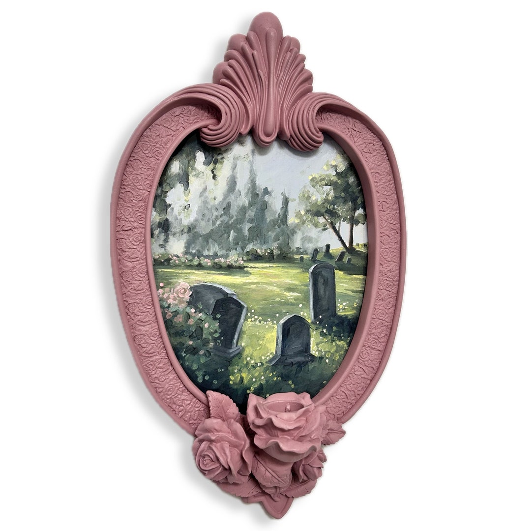 Original Oil Painting // Oil Painted Cemetery in Vintage Retro Pink ...