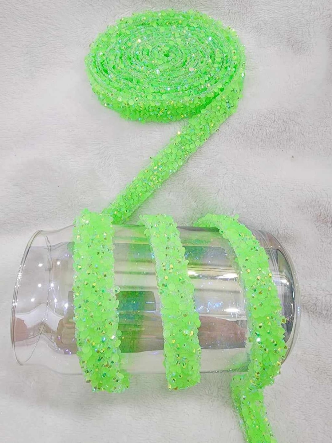Neon Green Thick Rhinestone Ribbon, Rhinestone Ribbon, Craft Supplies ...