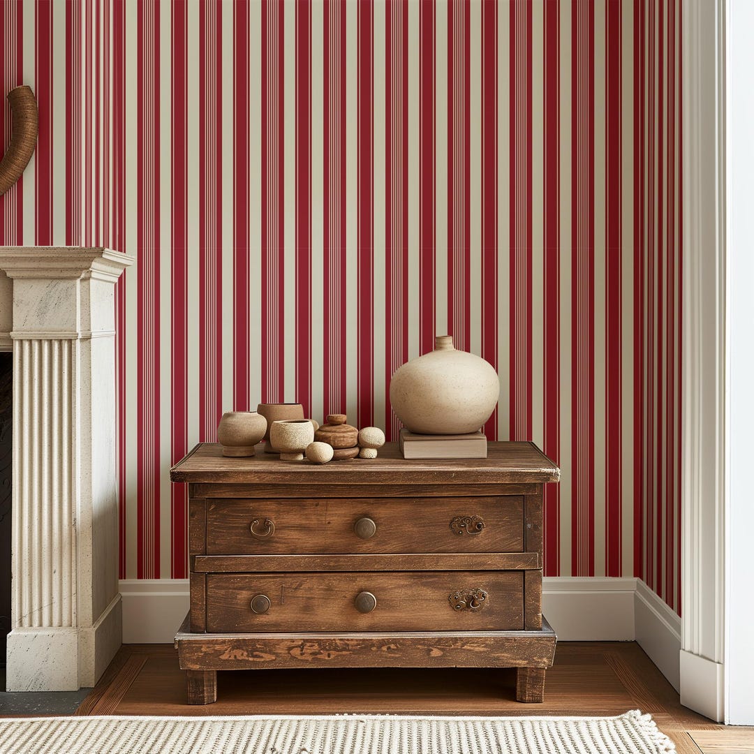 Laken Stripe - Classic Red, Traditional Stripe Removable Wallpaper, Red ...