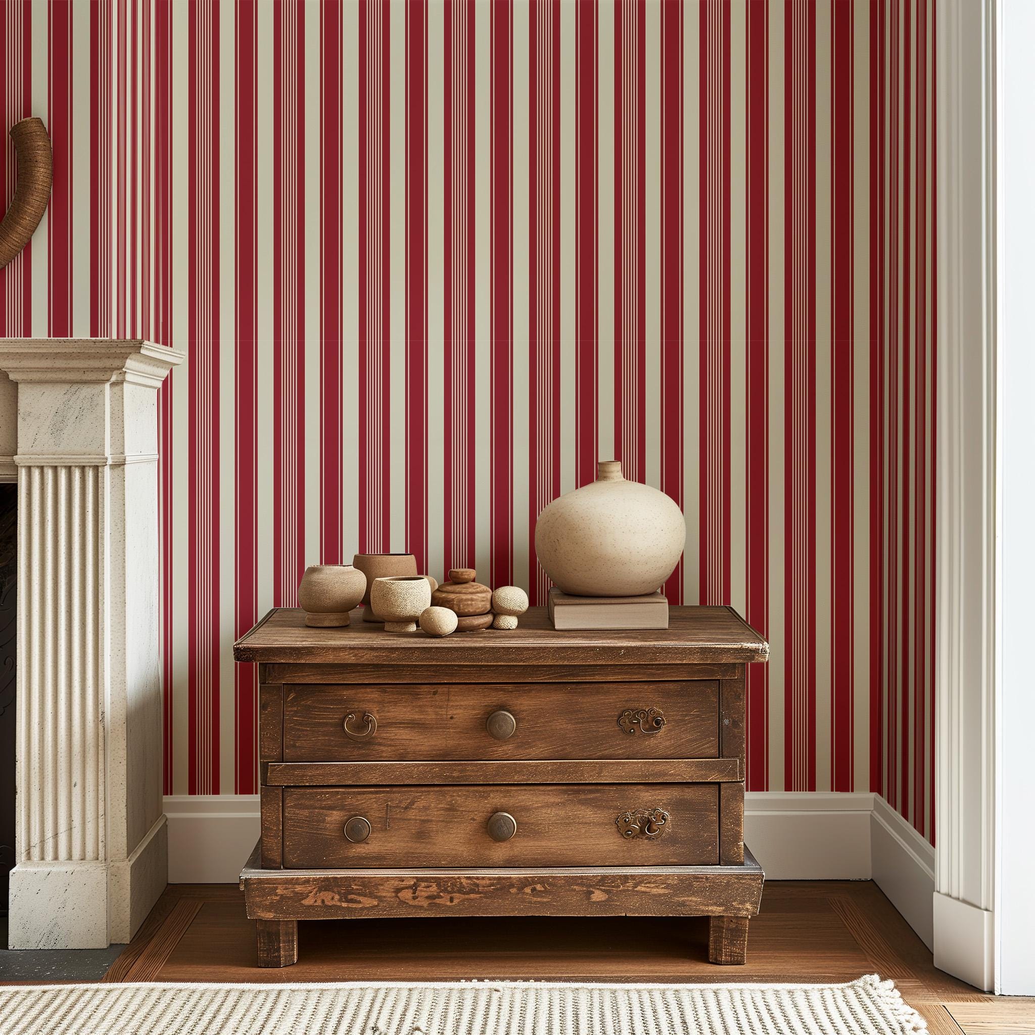 Laken Stripe - Classic Red, Traditional Stripe Removable Wallpaper, Red ...