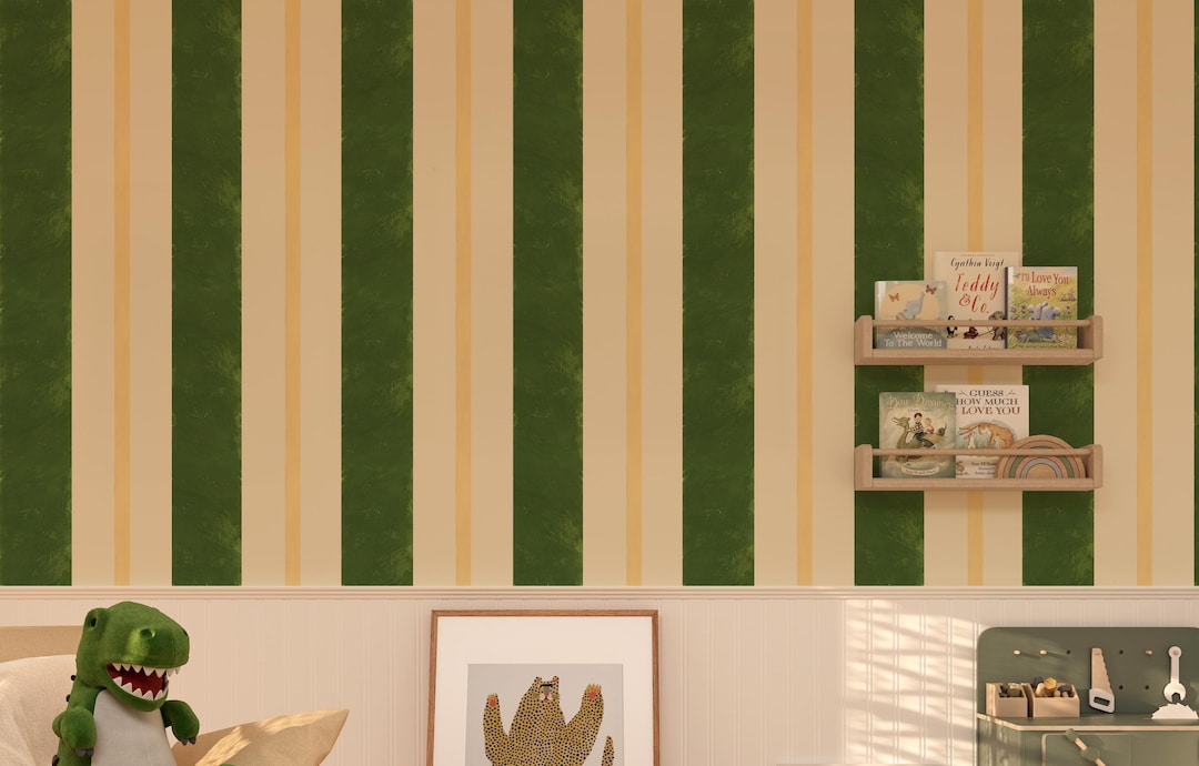 Carle Stripe - Green, Painted Tent Stripe Wallpaper, Playful Green and ...