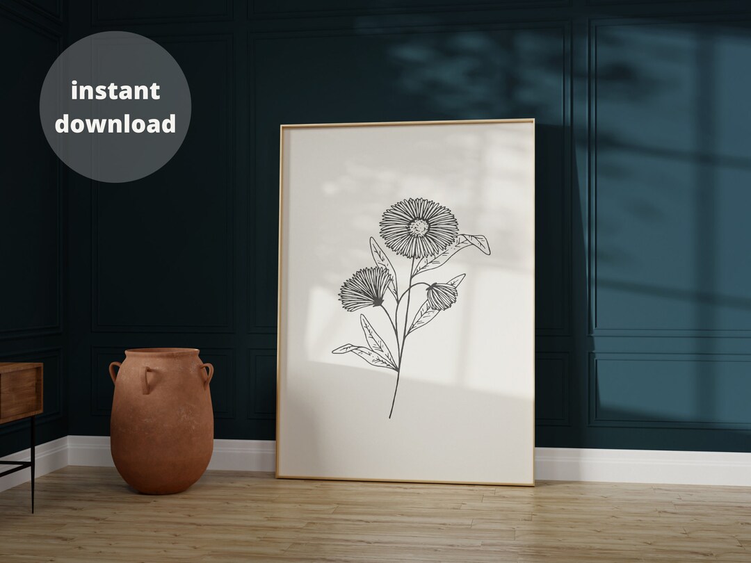 September Birth Month Flower Print. Aster Line Drawing Printable Wall ...