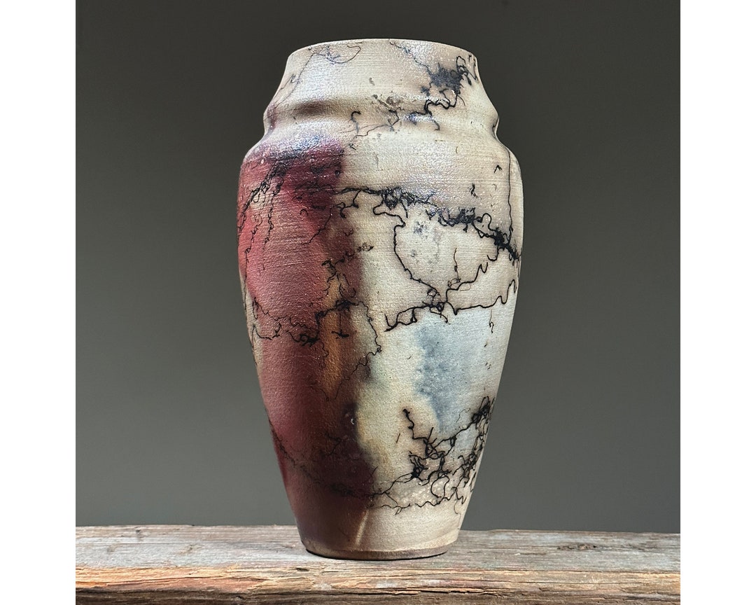 Vintage Organic Modern Wood Fired Horsehair Raku Ceramic Vase, Signed ...