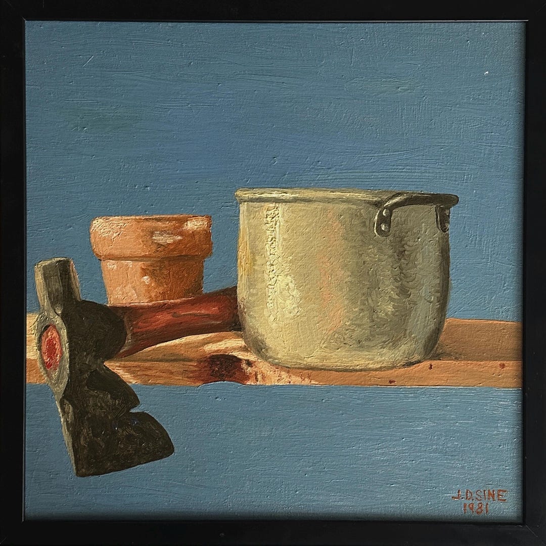 Vintage Expressionist Still Life With Axe, Pot, and Planter, Signed ...