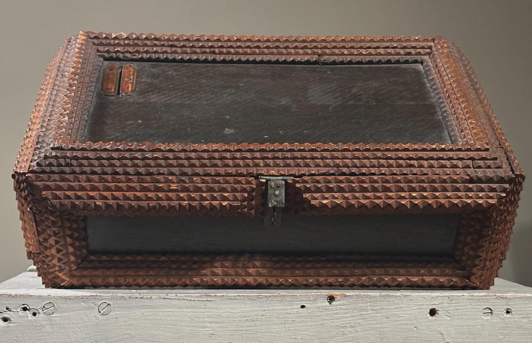 Large Antique Chip Carved Footed Tramp Art Box With Metal Slot Detail ...