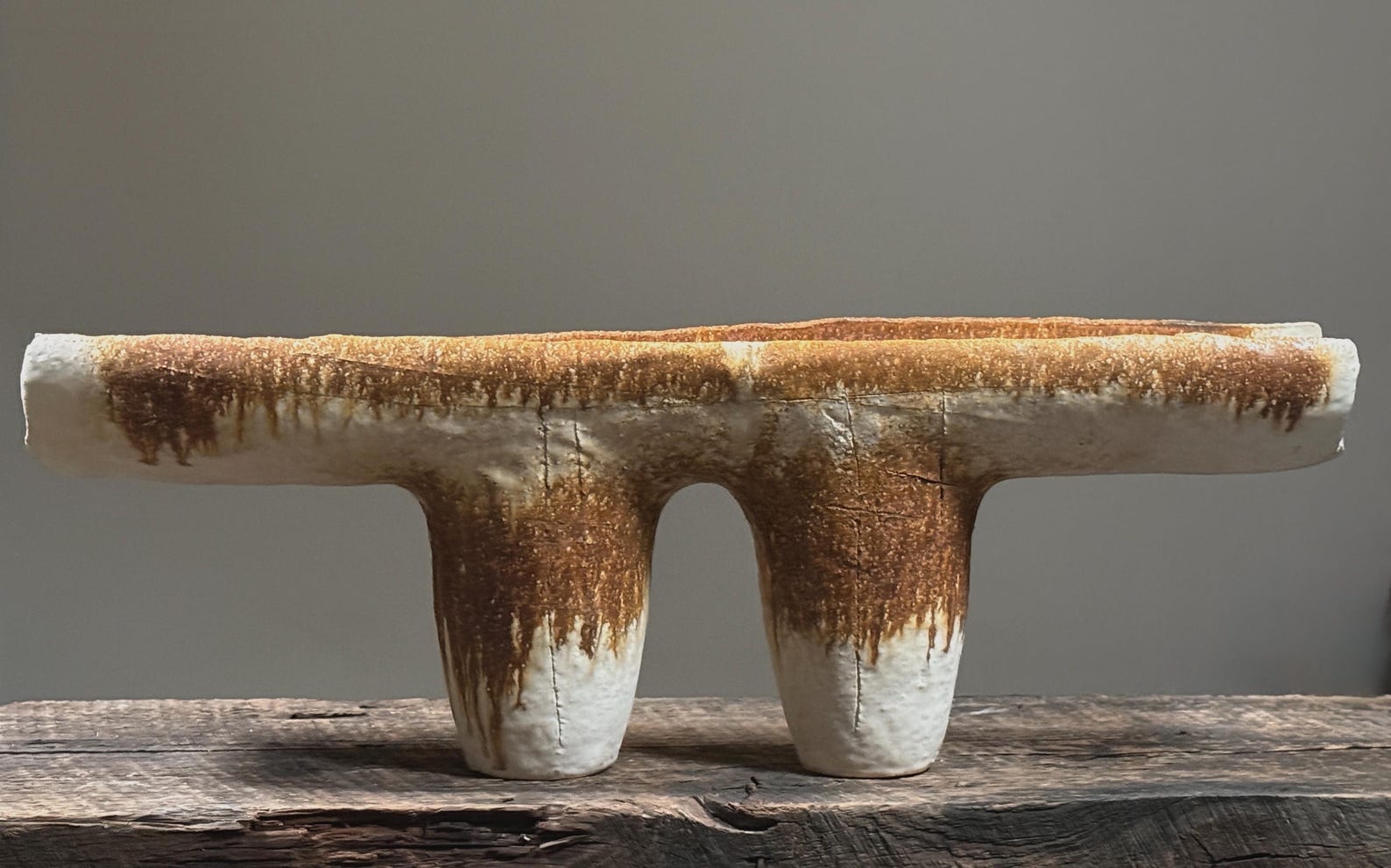 Vintage Large Japanese Brutalist Double Chamber Ash Glaze Ceramic ...