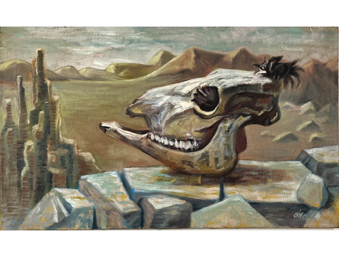 Vintage Expressionist Animal Skull Study in Desert Landscape, Signed (C ...
