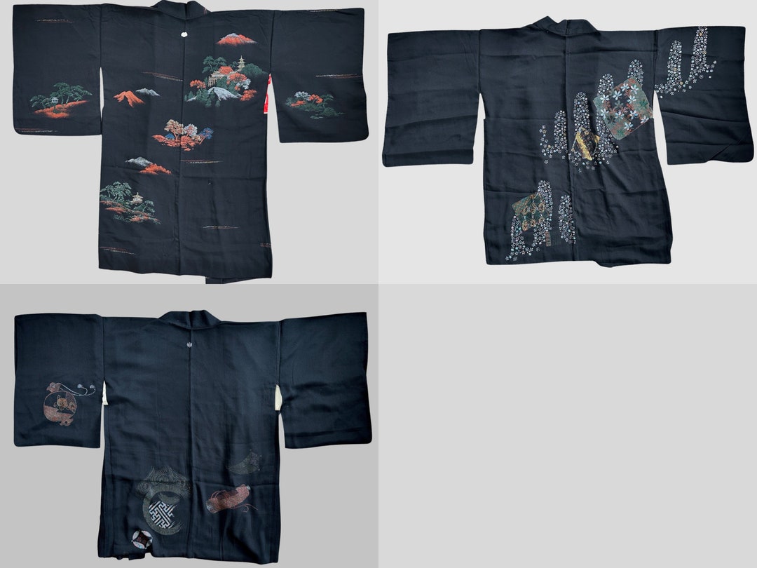 Three Vintage Black Japanese Haori Jackets W/peacocks, Crane Silk ...