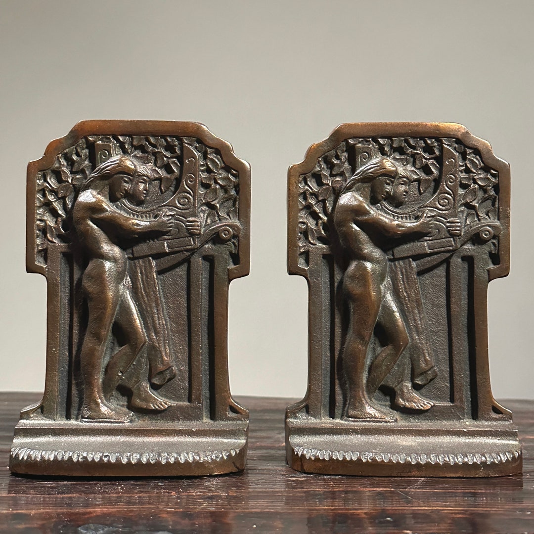 Antique Art Deco Bronze Bookends With Man and Woman With Lyre (pair ...