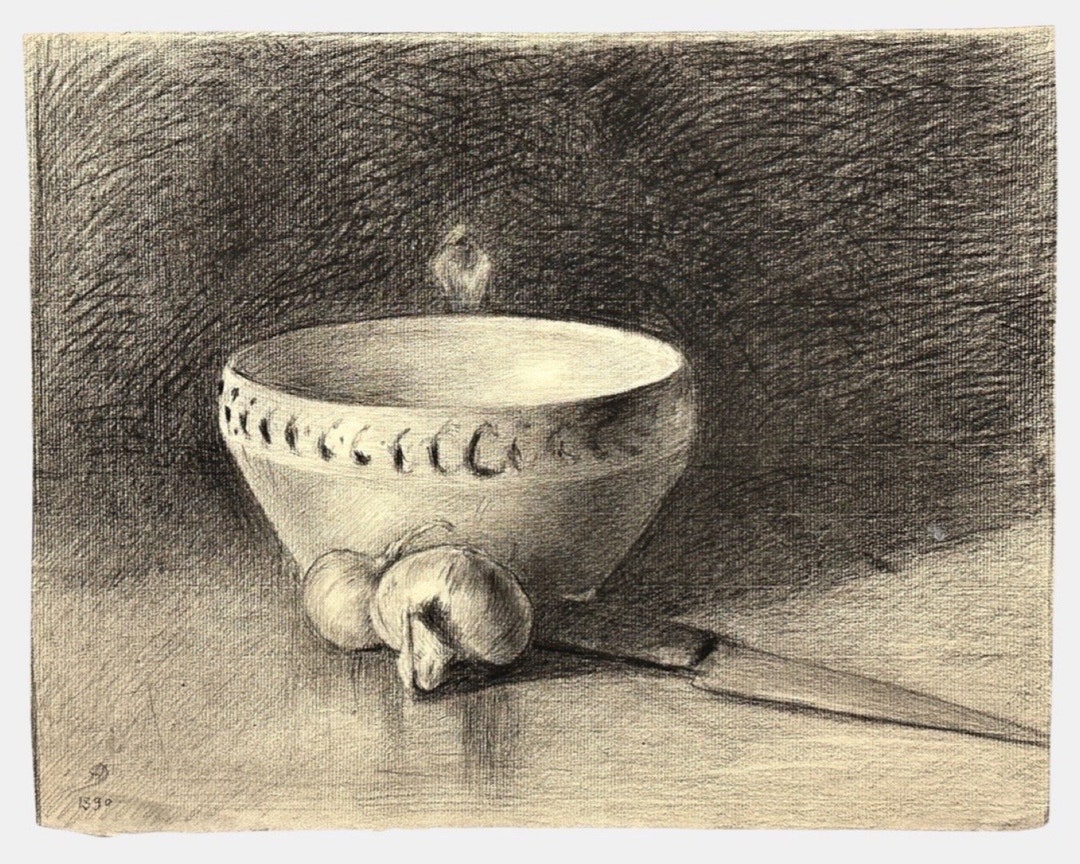 Antique French Still Life Charcoal Drawing With Garlic, Bowl, and Knife ...
