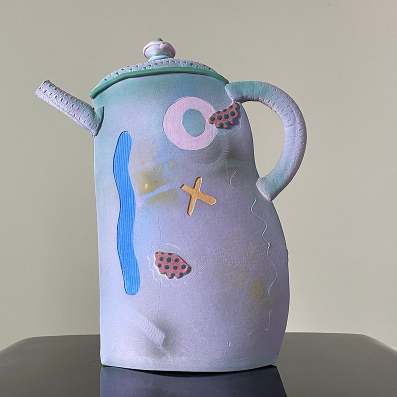 Vintage Memphis Style Flattened Ceramic Tea Kettle/postmodernist ...