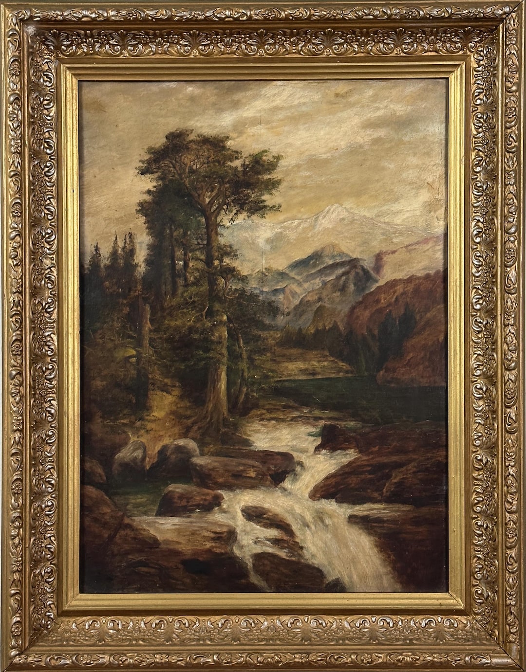 Antique 19th Century Mountain Landscape With River And Trees Framed