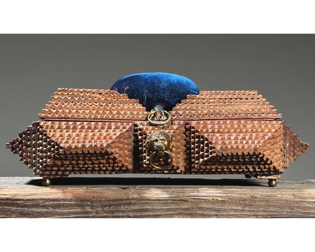 Antique Tramp Art Jewelry Box With Blue Velvet Pincushion - Etsy