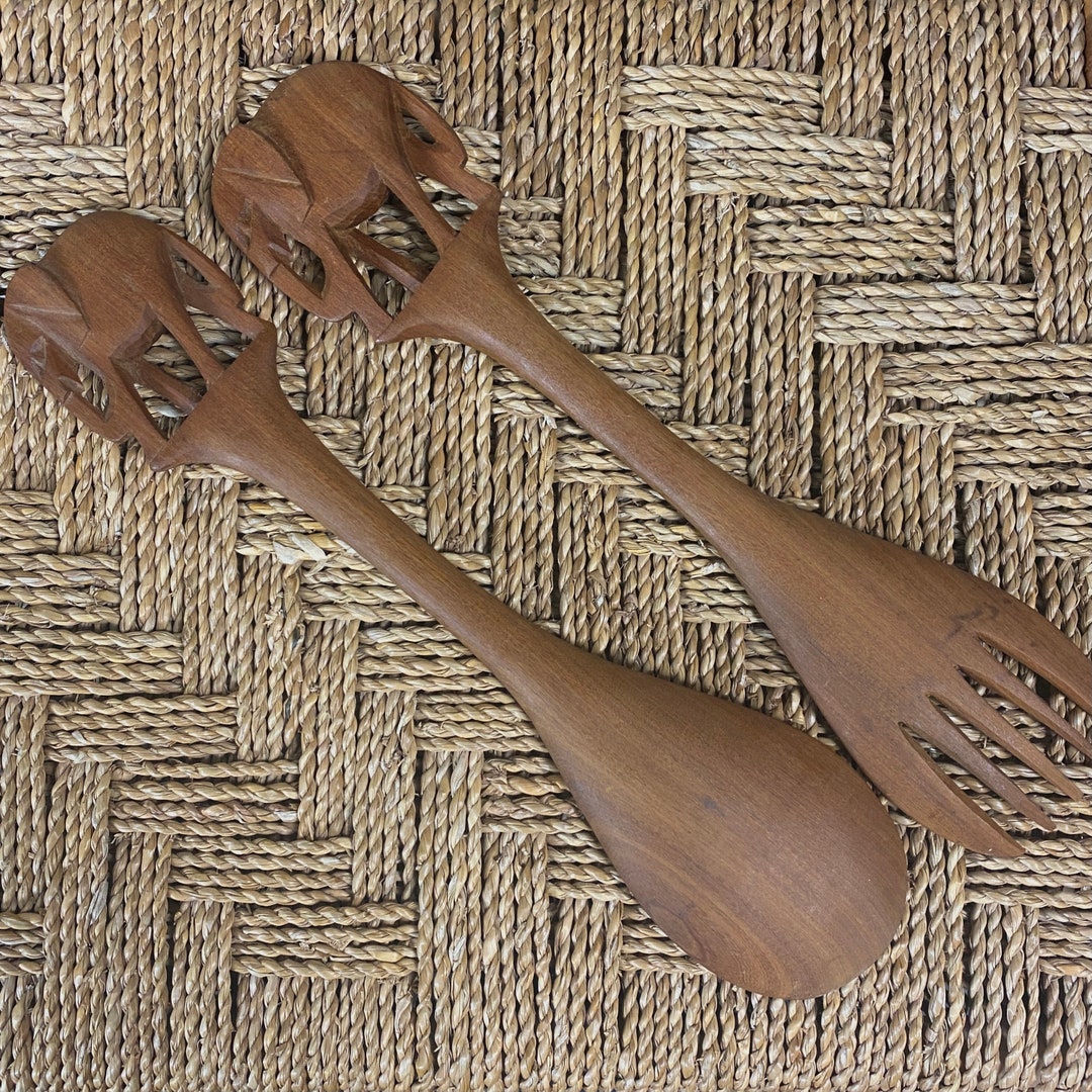 Vintage Hand Carved Folk Art Elephant Serving Utensils - Etsy