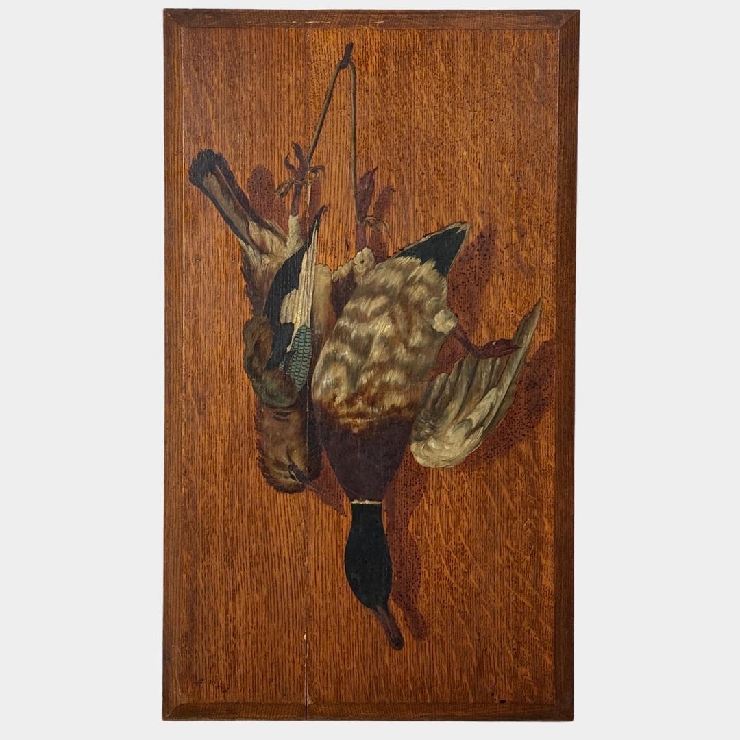 Antique Trompe L’oeil Still Life With Hanging Fowl on Wood Panel (oil ...