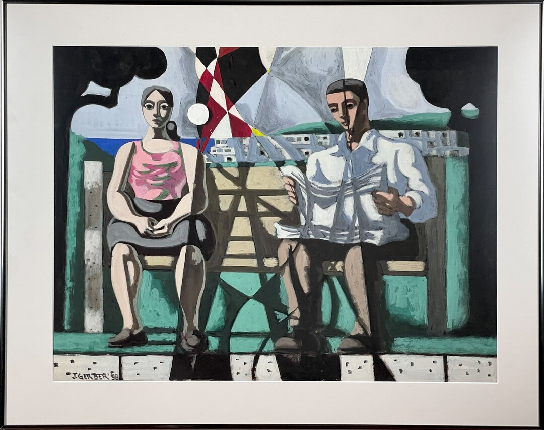 Jack Gerber (1927-2021) - Modernist Couple on Bench, Signed (1958, Oil ...
