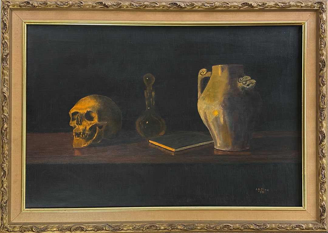 Vintage Dutch Style Chiaroscuro Still Life With Skull and Bottle ...