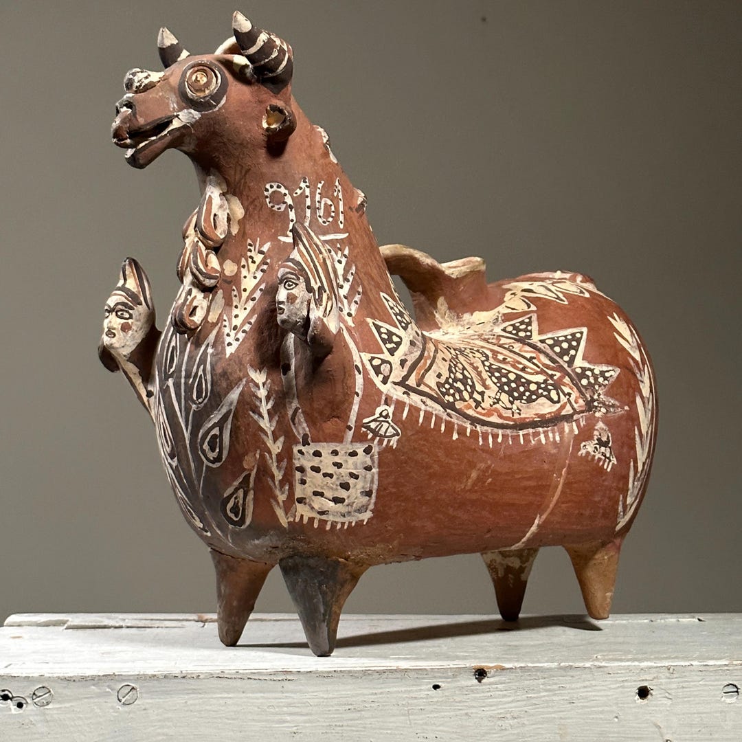 Antique Peruvian Folk Art Polychrome Terracotta Bull Askos With Two ...