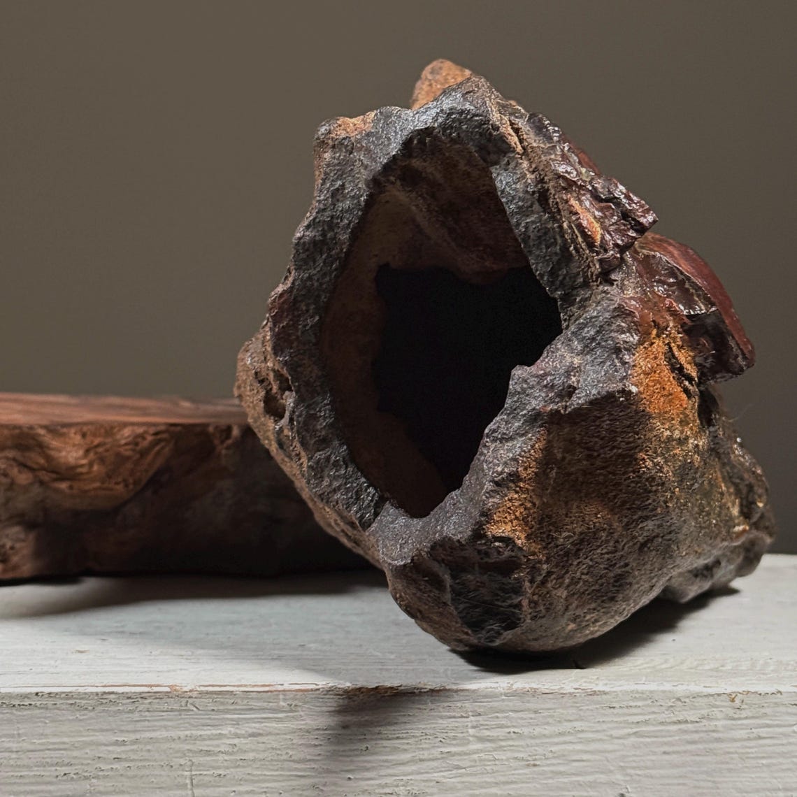 Vintage Japanese Minimalist Carved Rock Vessel With Live Edge Wood Base ...