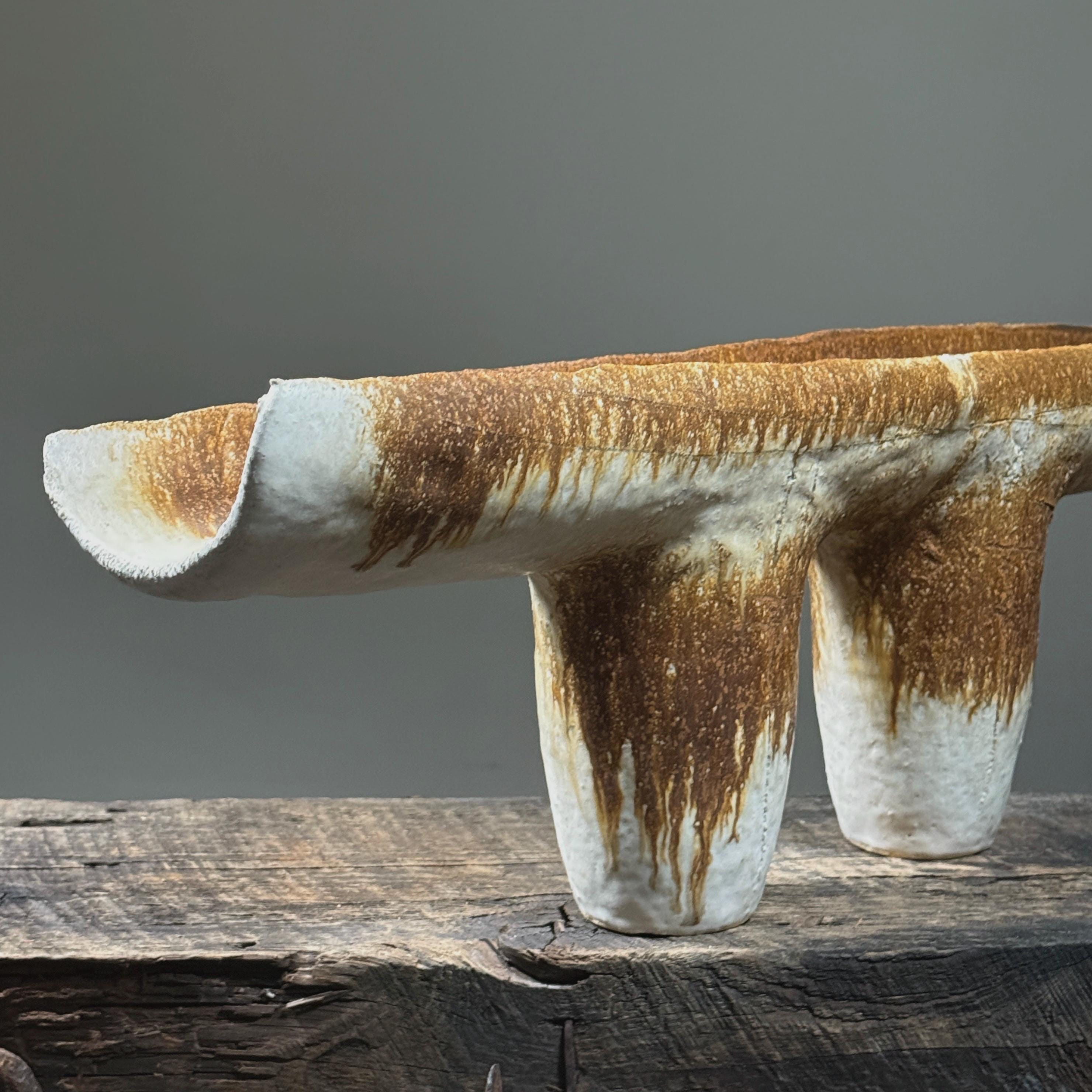 Vintage Large Japanese Brutalist Double Chamber Ash Glaze Ceramic ...