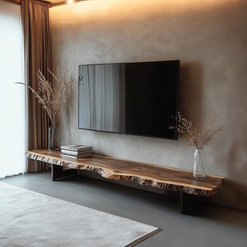 Rustic Live Edge TV Stand, Solid Walnut Floating Shelf Console, Natural ...