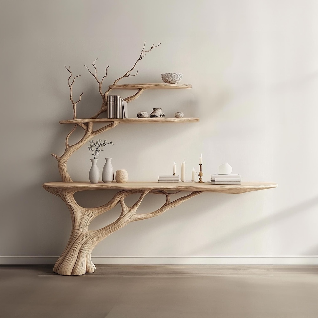 Handcrafted Wooden Tree Branch Console Table & Bookshelf - Etsy