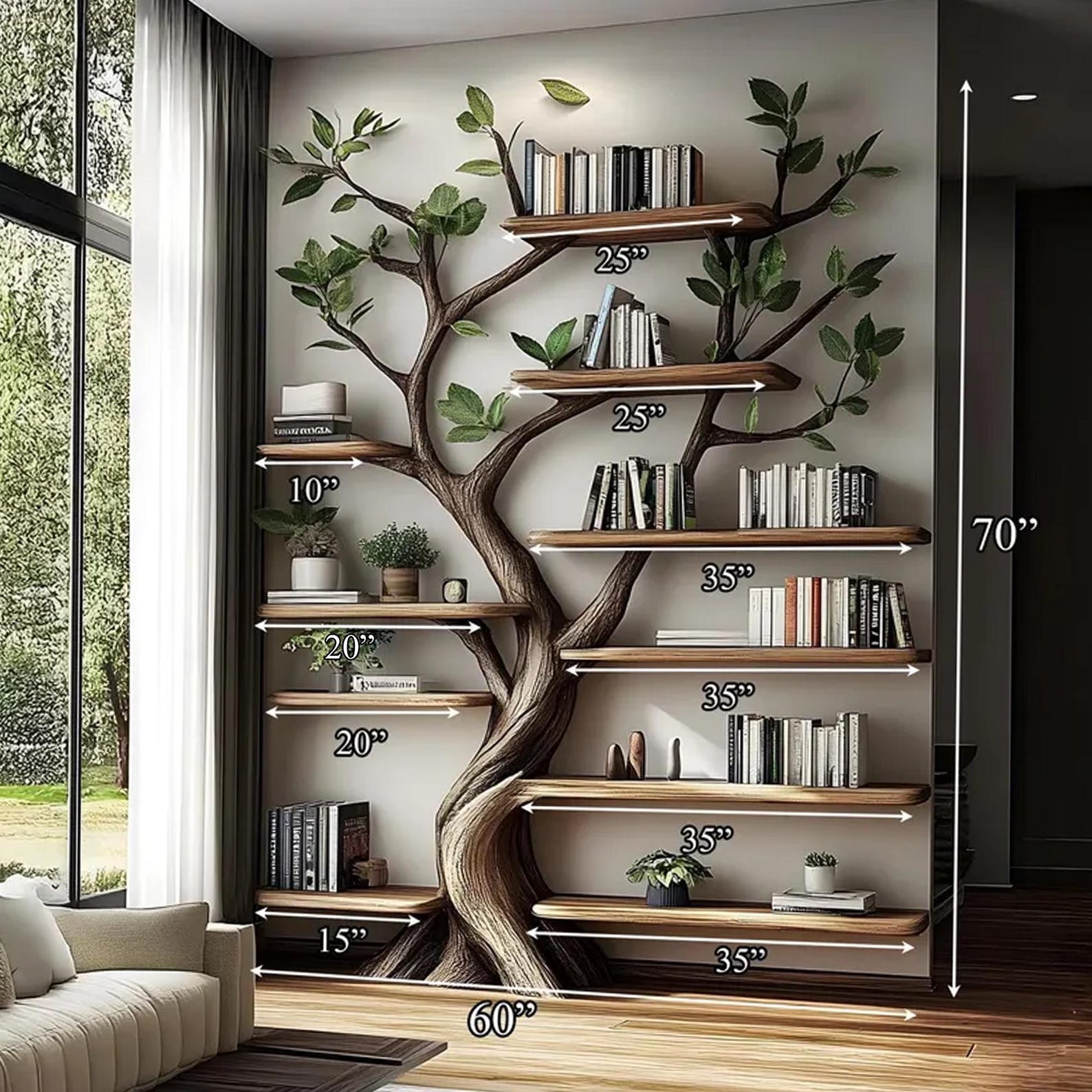 Tree Bookshelf, Rustic Wooden Book Tree Shelf, Unique Wall-mounted ...