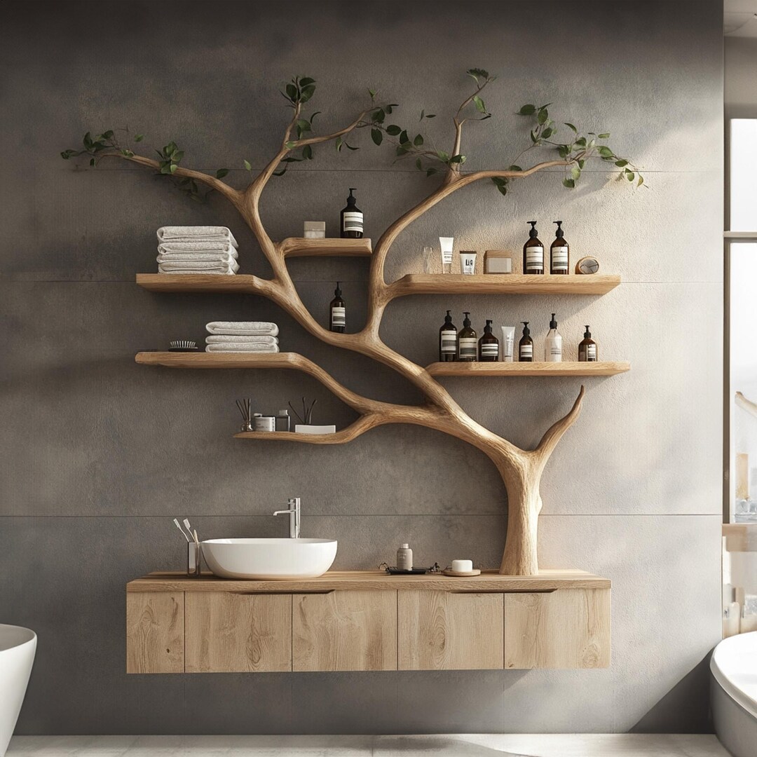 Tree Branches Rustic Bathroom Vanity With Sink Floating Shelves Solid ...