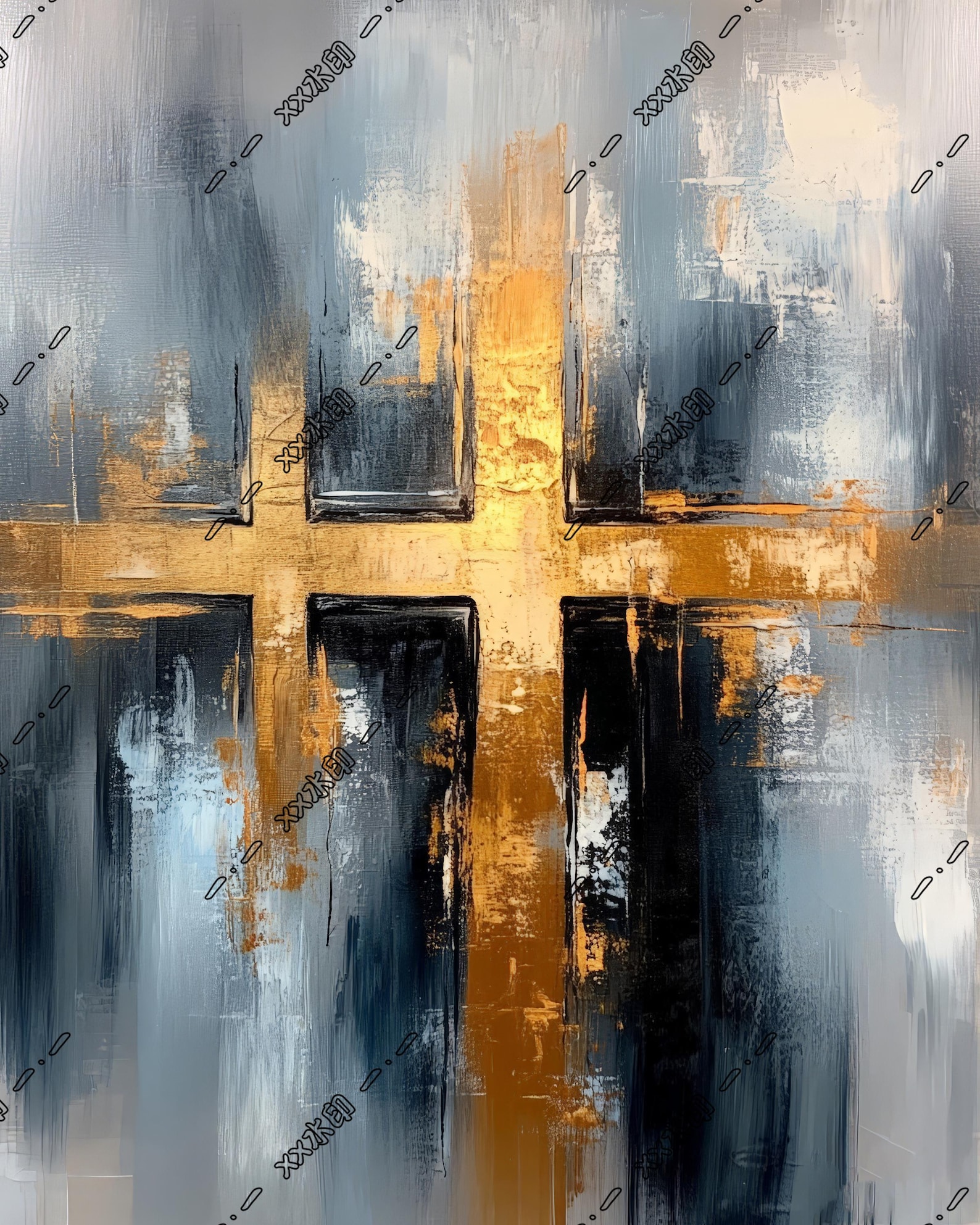 Abstract Cross Painting Spiritual Artwork - Modern Gold Black Wall Art ...