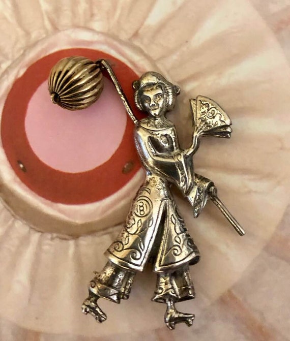 Vintage LANG Sterling Silver Japanese Geisha Brooch … - Gem