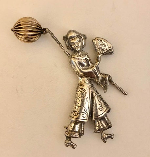 Vintage LANG Sterling Silver Japanese Geisha Brooch … - Gem