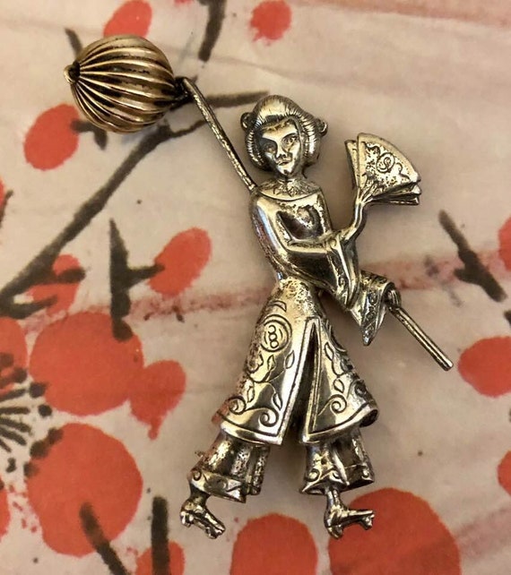 Vintage LANG Sterling Silver Japanese Geisha Brooch … - Gem